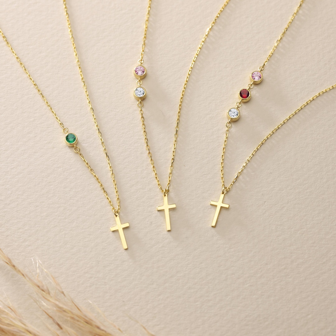 Birthstones Cross Necklace, Gold Cross Necklace, Gift for Her, Family ...