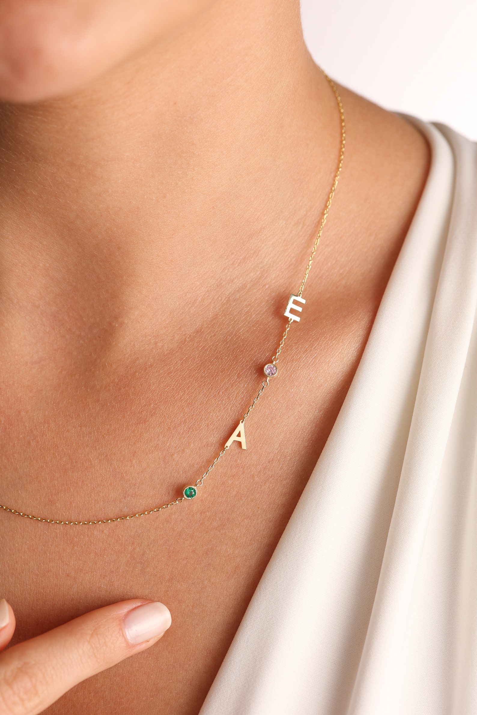 Collar inicial de oro macizo de 14k, collar de letras, collar inicial ...