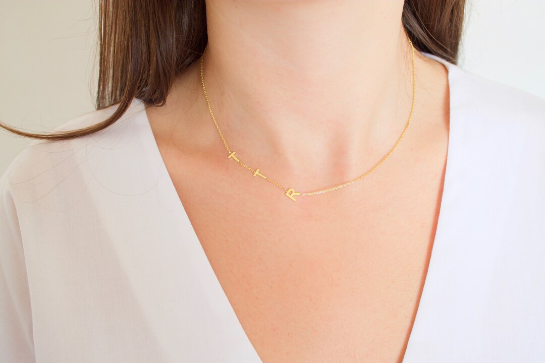 Collar inicial de oro macizo de 14k, collar de letras, collar inicial ...