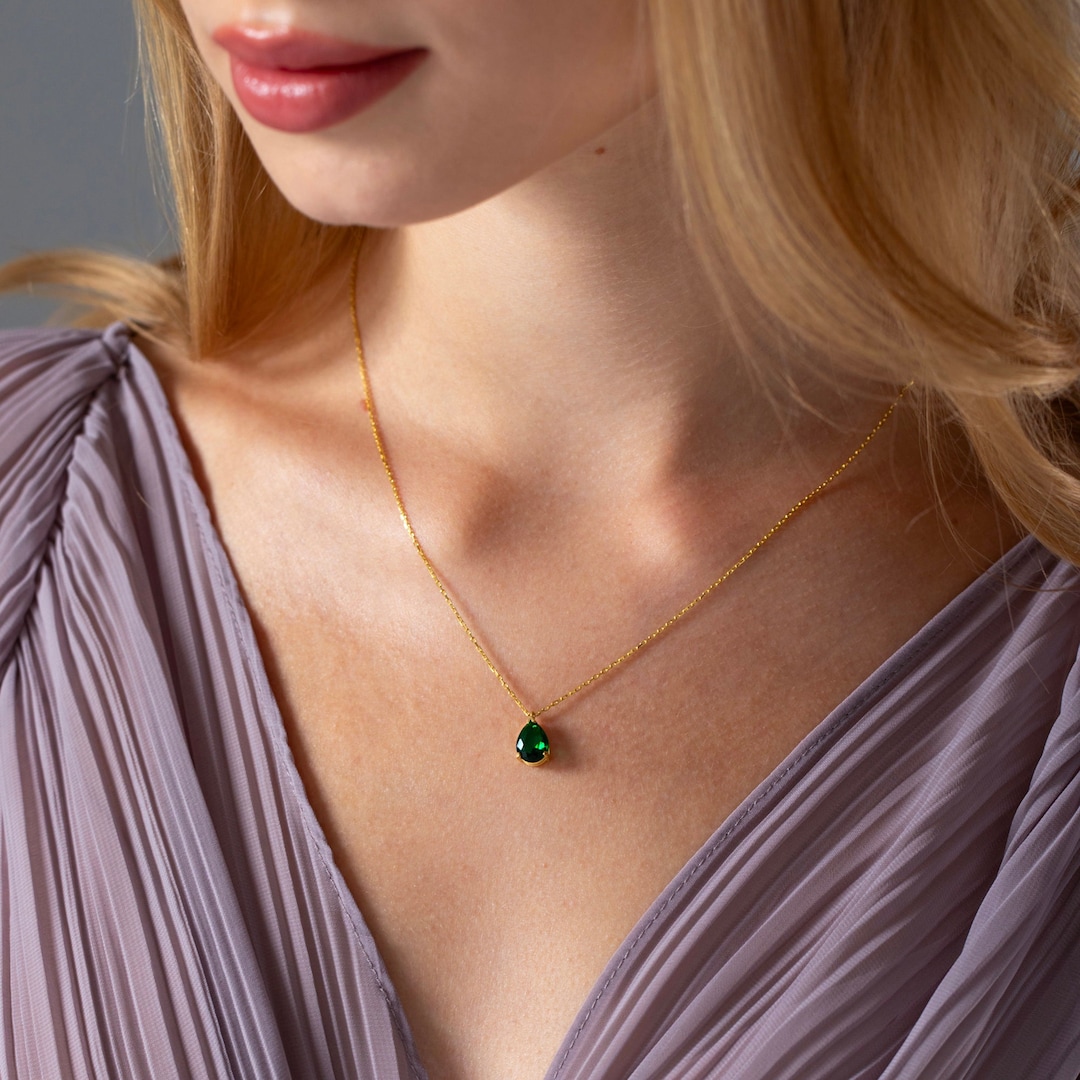 14k Solid Gold Emerald Necklace, Minimalist Necklace, Emerald Necklace ...