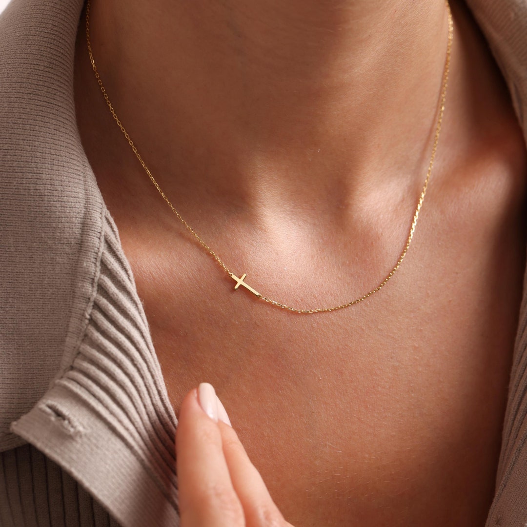 Sideways Cross Necklace, Dainty Gold Cross Necklace, Gift for Her, Tiny ...