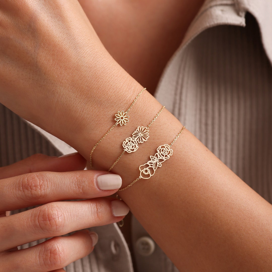 Dainty Birth Flower Bracelet , 14K Gold Birth Flower Bouquet Bracelet ...