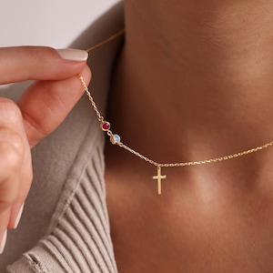 14k Gold Birthstones Cross Necklace, Birthstones Christmas Gift for Her ...
