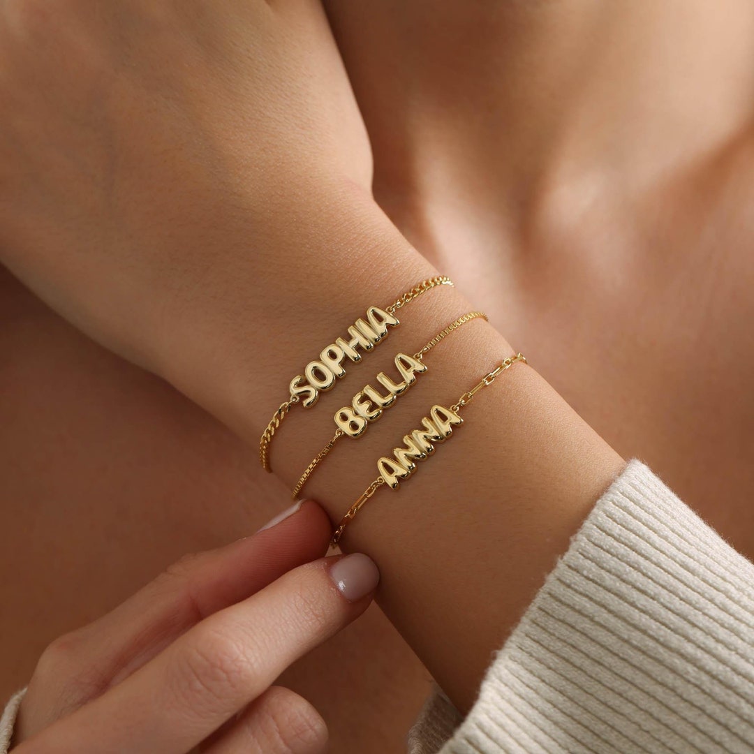 14k Solid Gold Bubble Name Bracelets, Personalized Name Bracelets ...