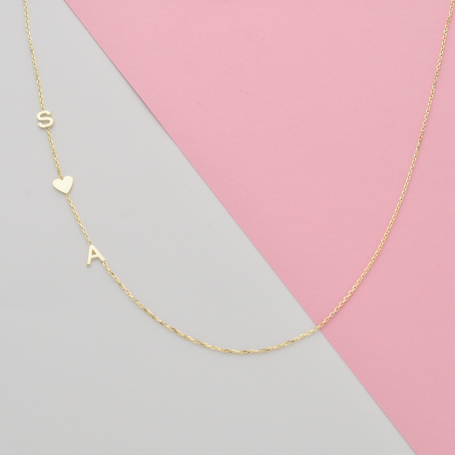 Collar inicial de oro macizo de 14k, collar de letras, collar inicial ...