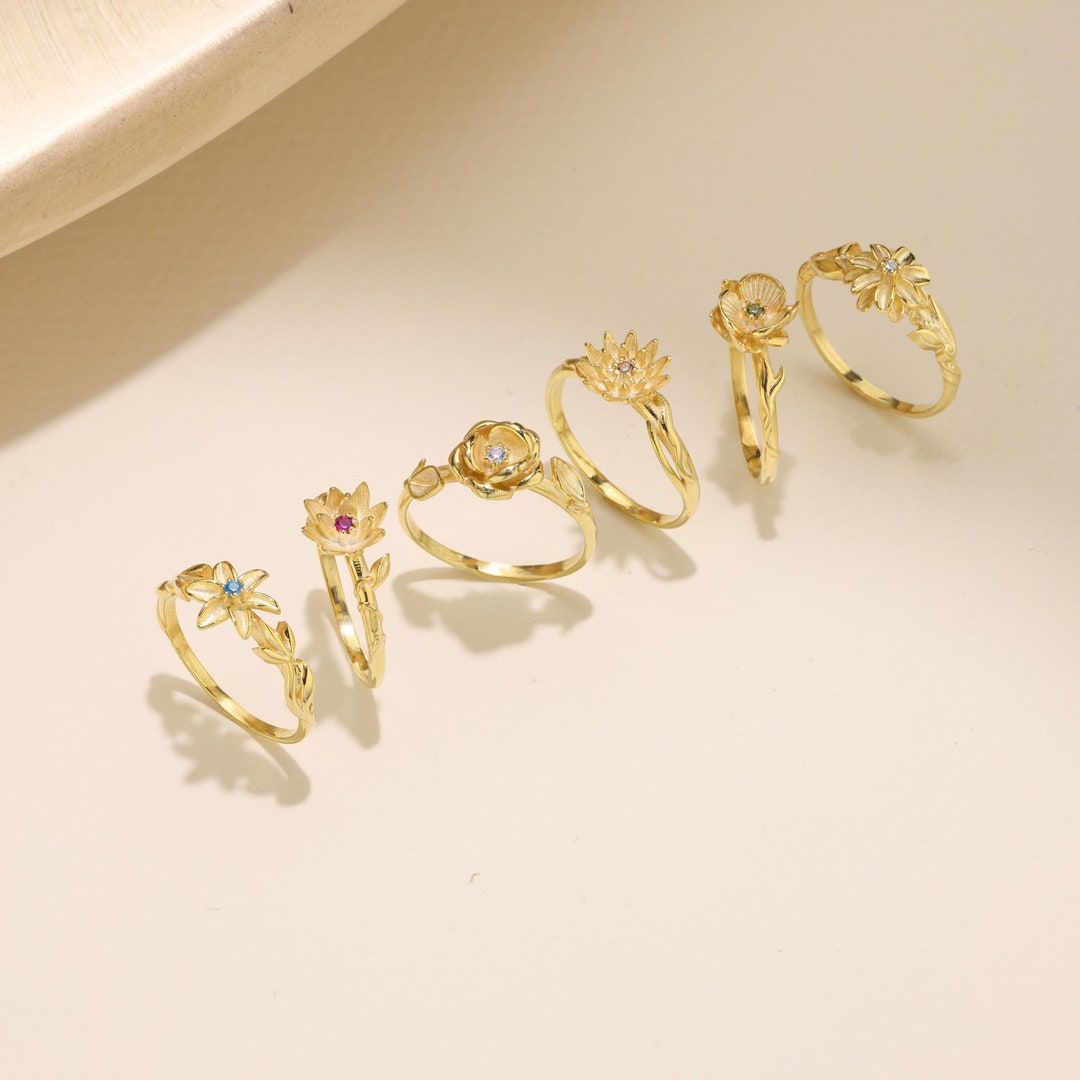 Birth Flower Ring, Birth Flower Jewelry, Birth Month Flower Ring ...