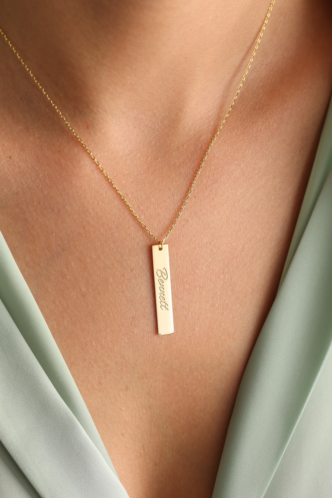 14K Solid Gold Bar Necklace, Name Bar Necklace, Custom Bar Necklace ...