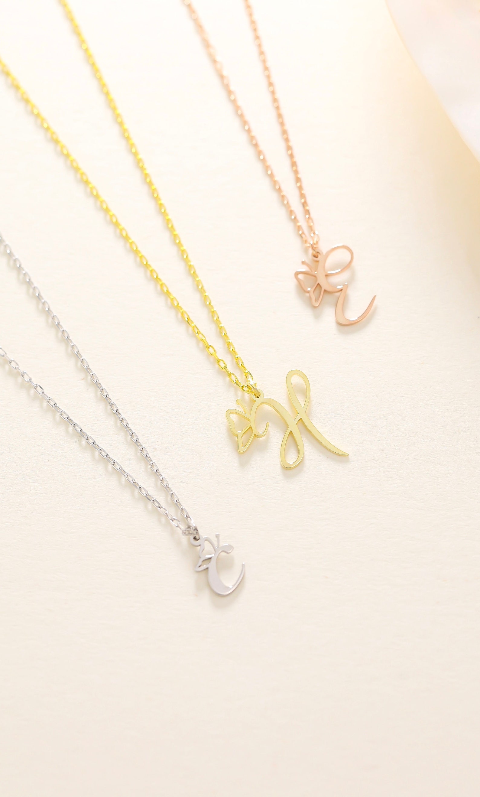 14k Gold Initial Necklace With Butterfly Initial Necklace - Etsy