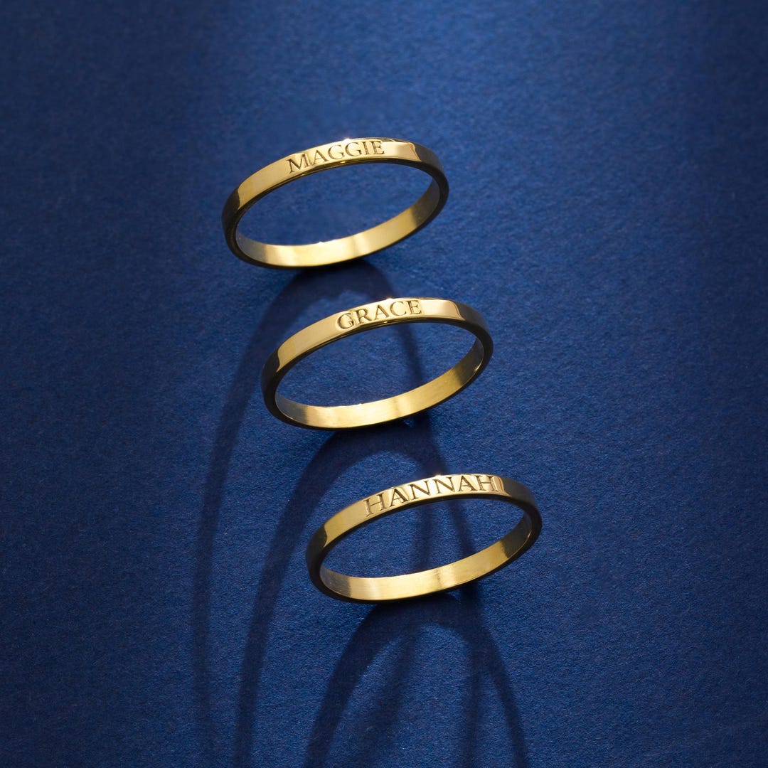 14k Solid Gold Dainty Name Ring , 14k Gold 2mm Wedding Bands, Custom ...