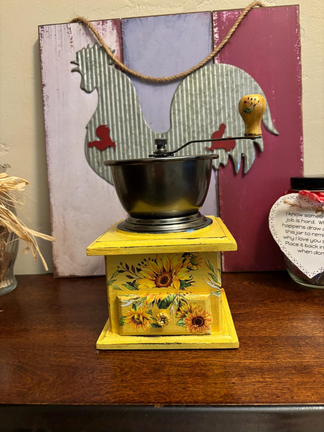 Vintage Upcycled Floral Cafe Coffee Mill Burr Grinder Wood Metal ...