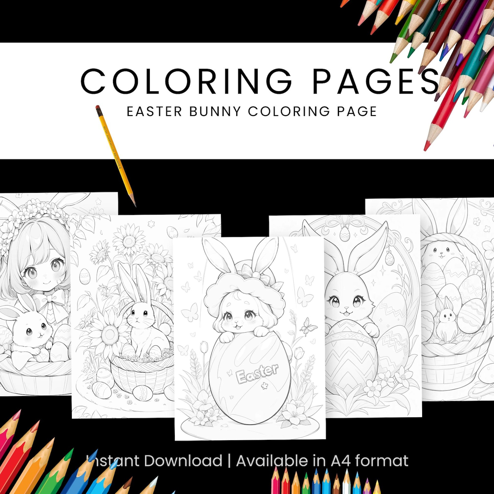 180 Printable Easter Bunny Coloring Page | Adorable Rabbit & Eggs| Fun ...