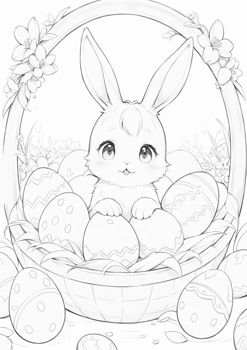 180 Printable Easter Bunny Coloring Page | Adorable Rabbit & Eggs| Fun ...