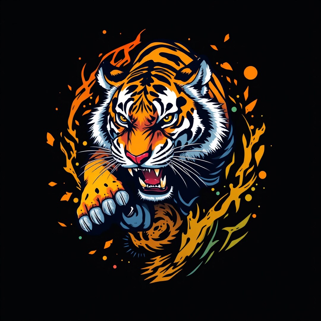 50 Dynamic Tiger Art Print T-shirt Designs Colorful Leaping Tiger ...