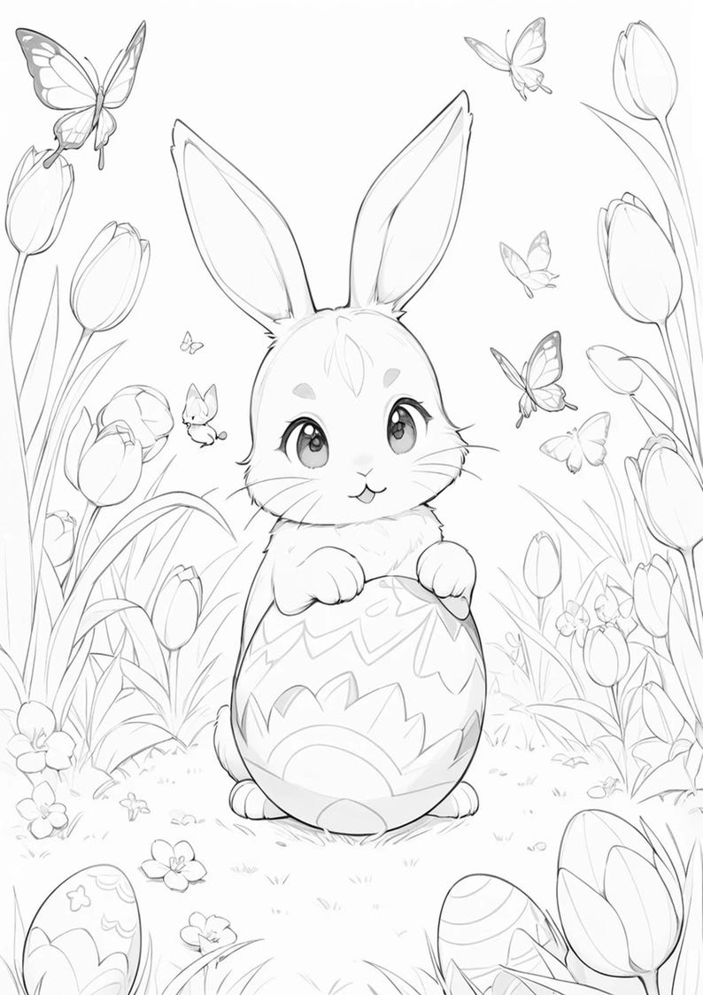 180 Printable Easter Bunny Coloring Page | Adorable Rabbit & Eggs| Fun ...
