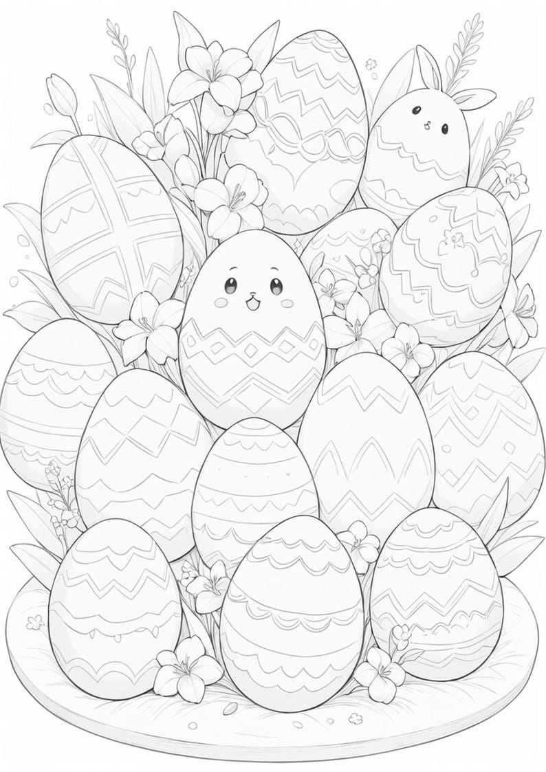 180 Printable Easter Bunny Coloring Page | Adorable Rabbit & Eggs| Fun ...