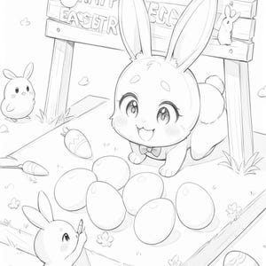 180 Printable Easter Bunny Coloring Page | Adorable Rabbit & Eggs| Fun ...