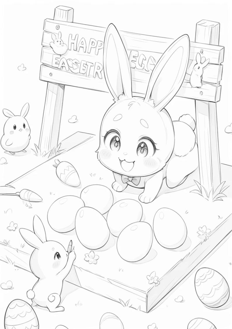 180 Printable Easter Bunny Coloring Page | Adorable Rabbit & Eggs| Fun ...