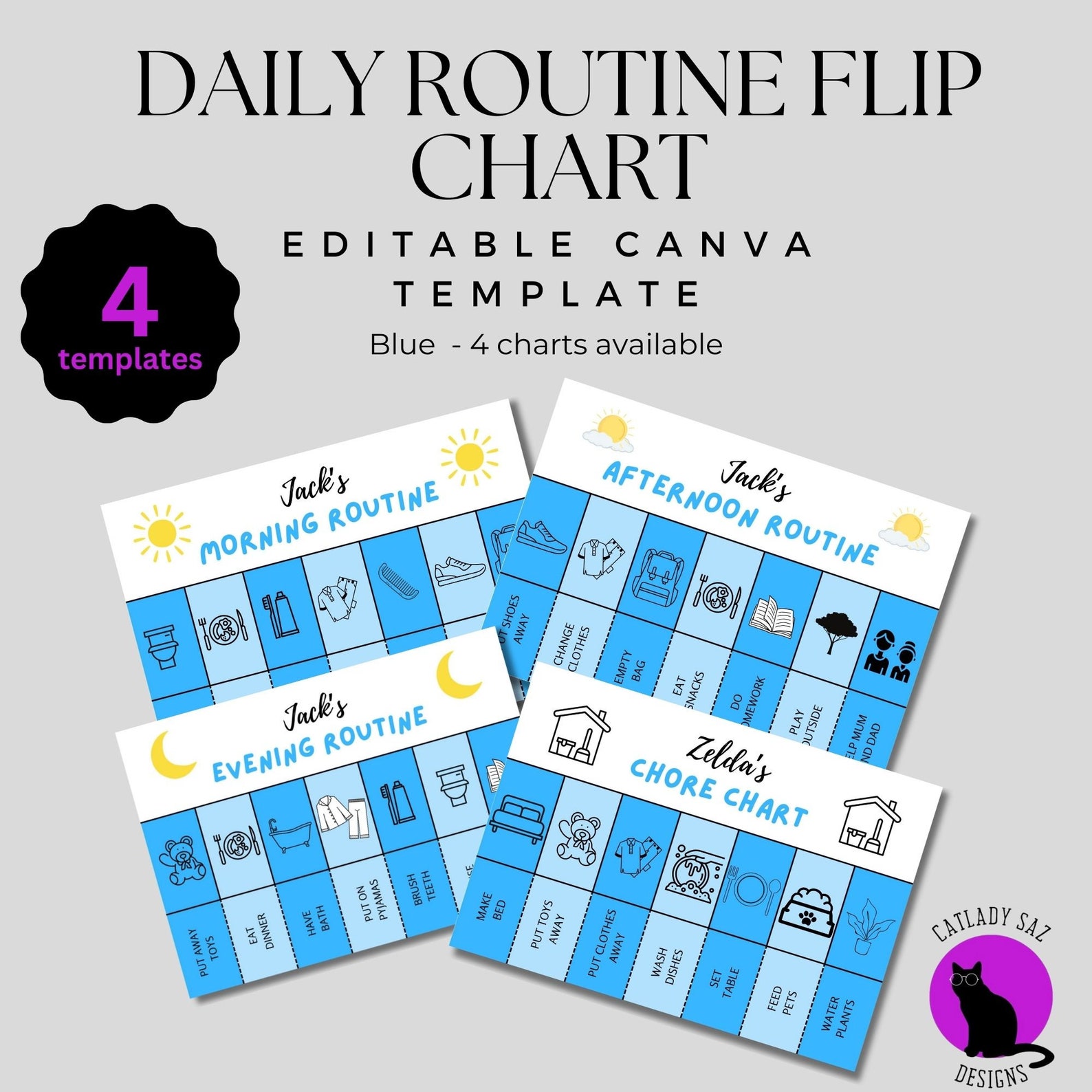 Daily Routine Flip Chart | Editable Canva Template | Blue Boys Planner ...