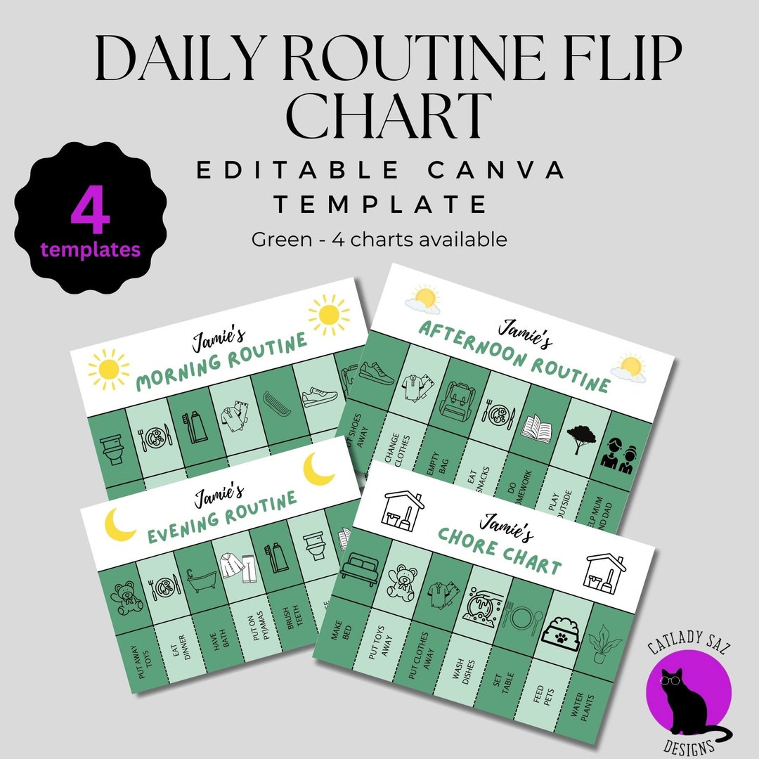 Customisable Daily Routine Flip Chart | Editable Canva Template | Green ...