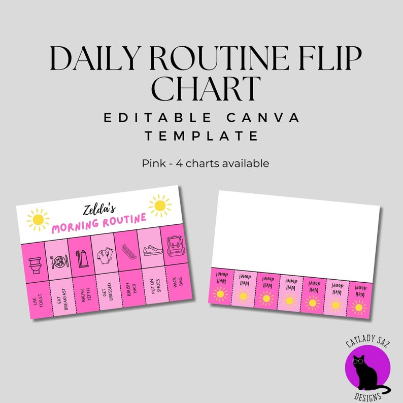 Daily Routine Flip Chart Pink | Editable Canva Template | Customisable ...