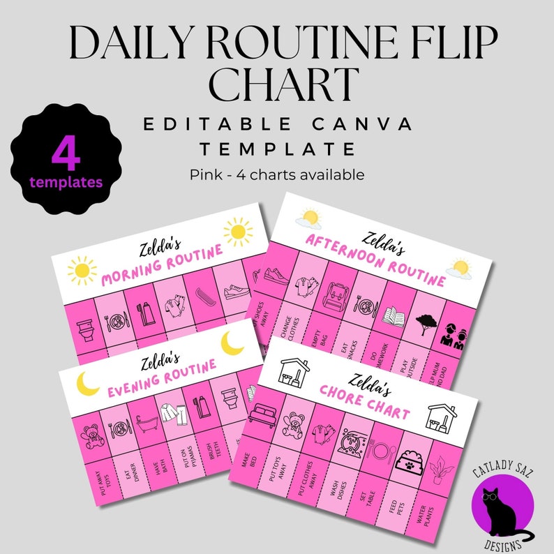 Daily Routine Flip Chart Pink | Editable Canva Template | Customisable ...