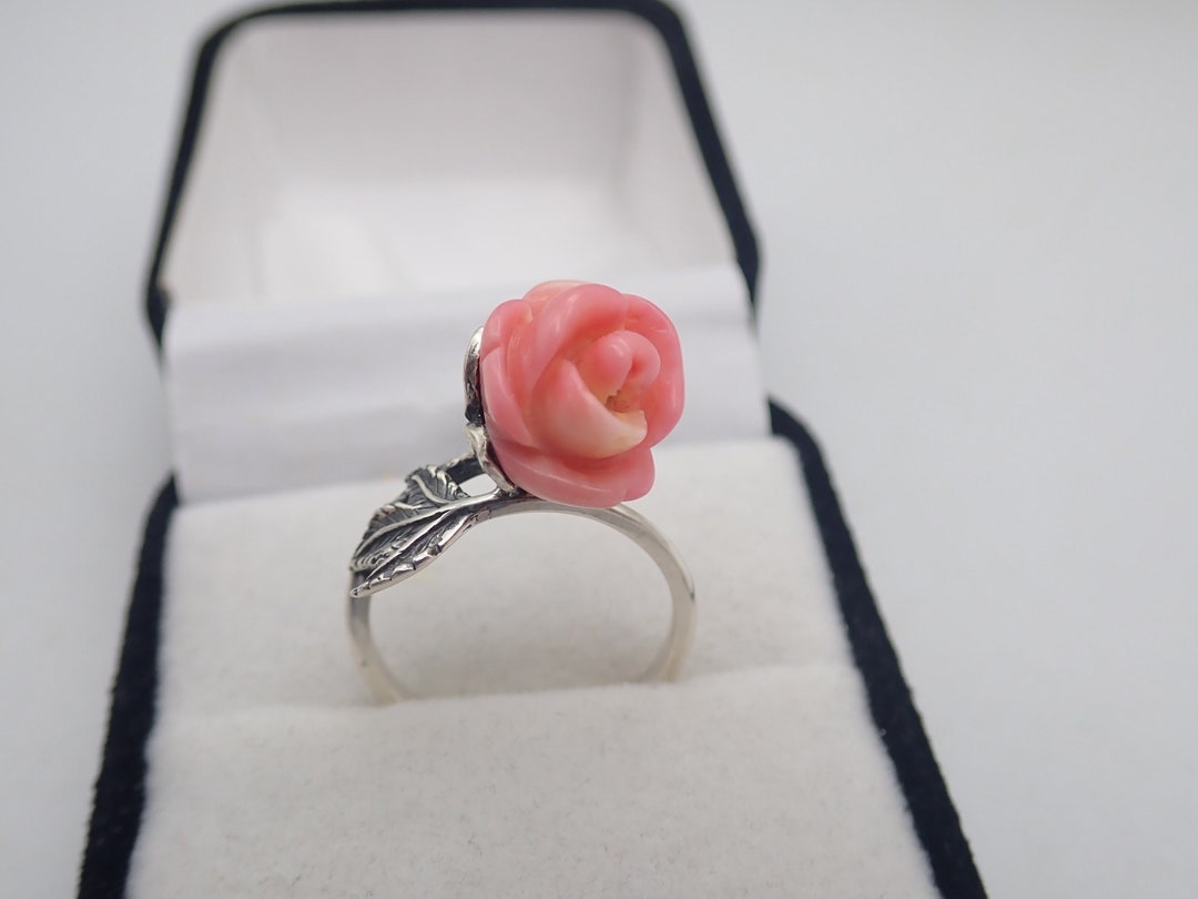 Pink Coral Rose Sterling Silver Ring. Carved Pink Coral Rose Flower ...