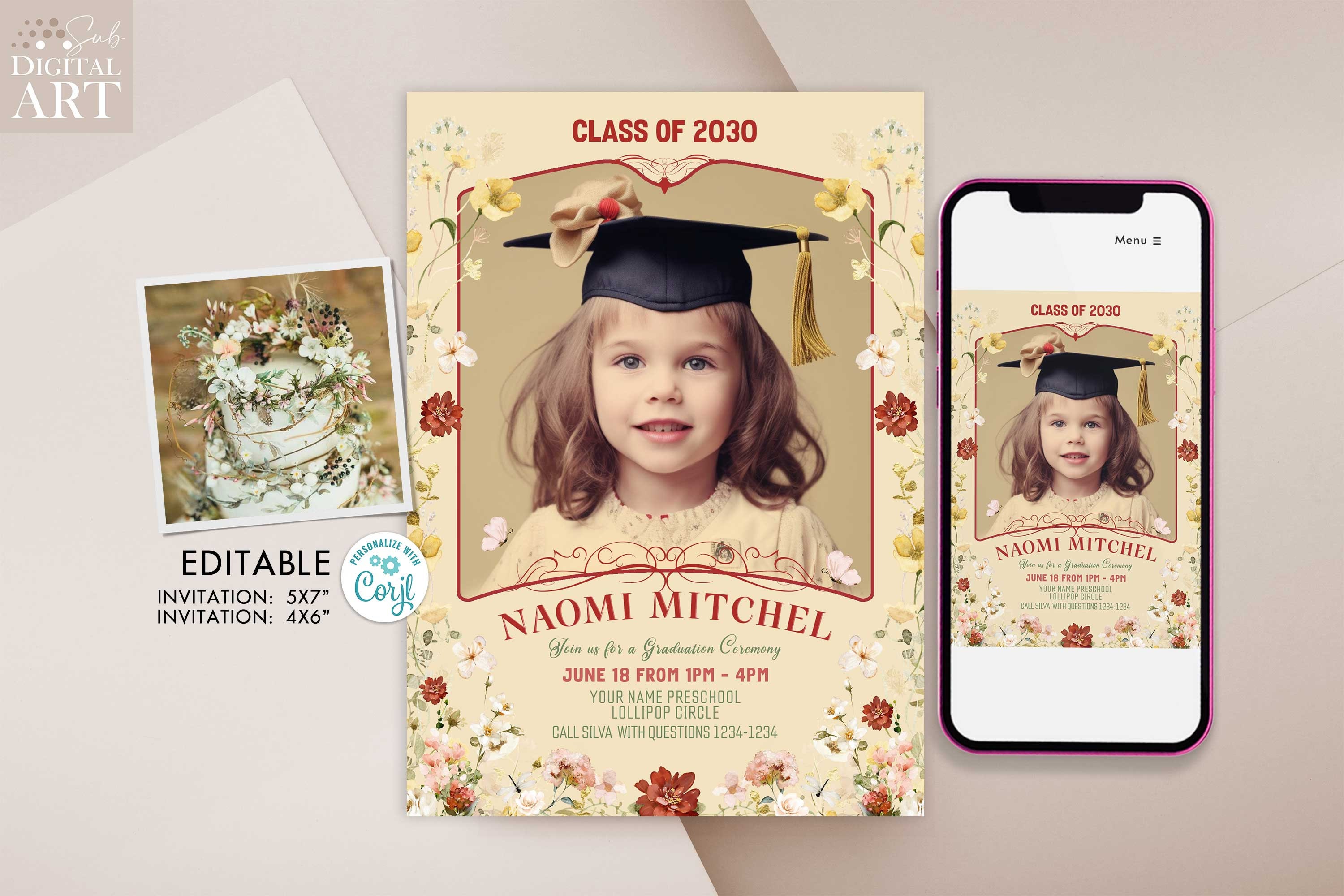 Editable Kindergarten Graduation Invitation With Photo in Bloom Flowers ...
