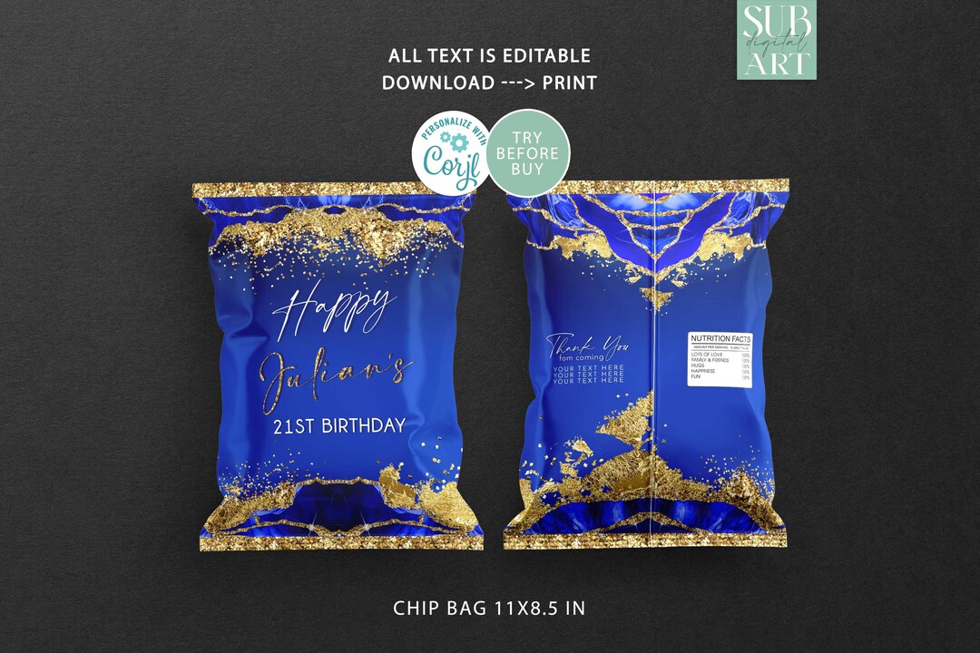 Royal Blue and Gold Glitter Chip Bag, Birthday Party Decoration, DIY ...