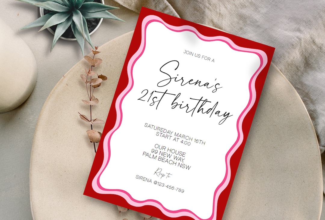 Editable Ladies 21st Birthday Invitation, Pink and Red Birthday Dinner ...