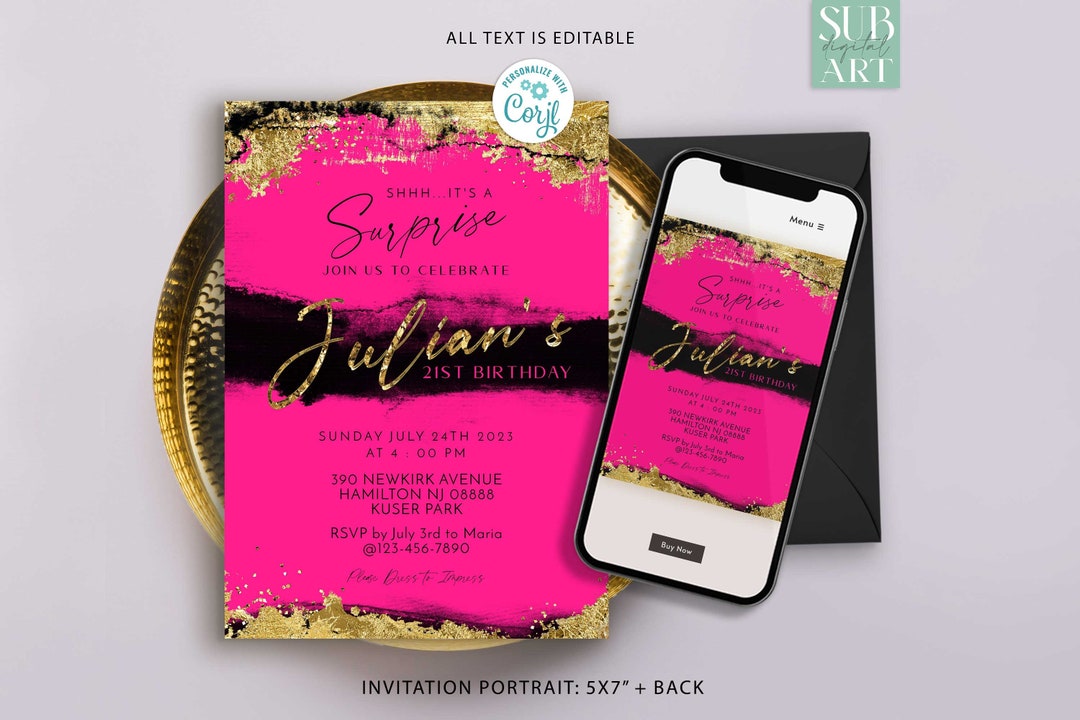 Hot Pink, Black and Gold Foil Invitation Birthday Party Invite, DIY ...