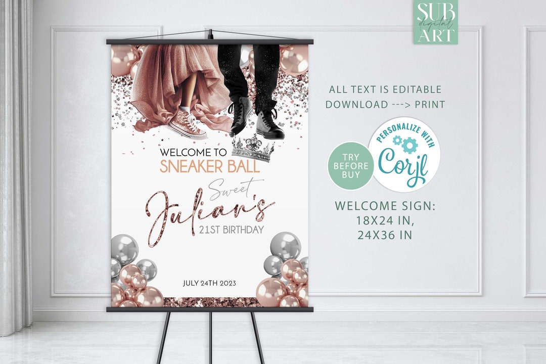 Sneaker Ball Birthday Welcome Sign Black Silver Rose Gold Birthday ...
