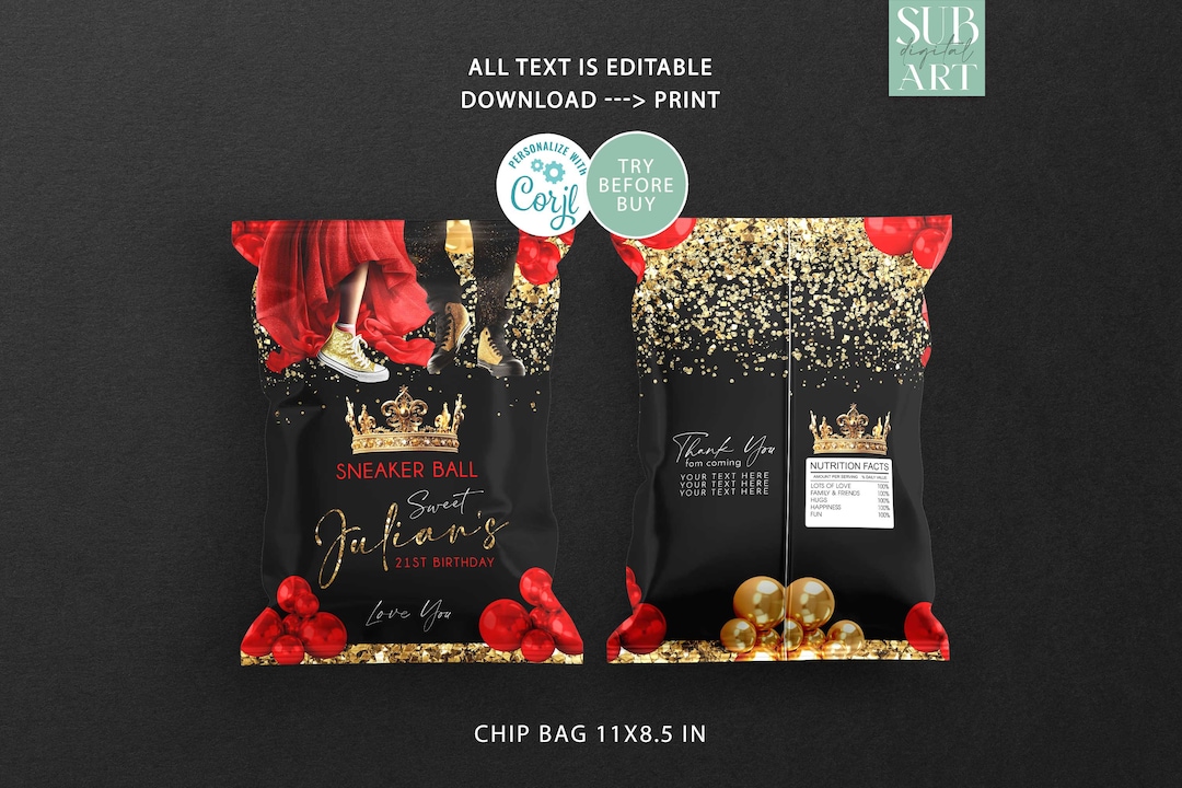 Sneaker Ball Chip Bag Red Black Gold Birthday Party Chips, DIY Birthday ...