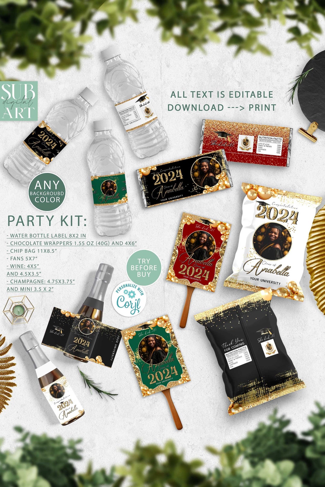 Gold and ANY COLOR Graduation Party Pack Candy Bar, Bottle Label, Fans ...
