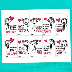 Girl Slang Funny Classroom Valentines Tag, Kids Tween Girl Stick Figure ...