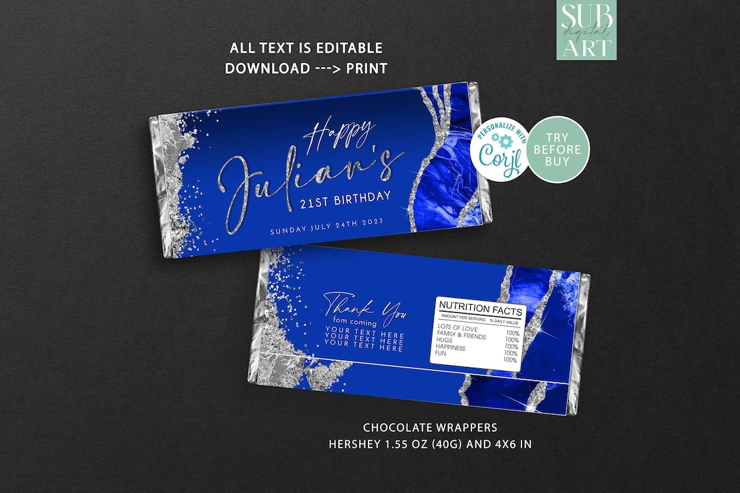 Royal Blue and Silver Candy Bar Wrappers, Birthday Party Decoration ...
