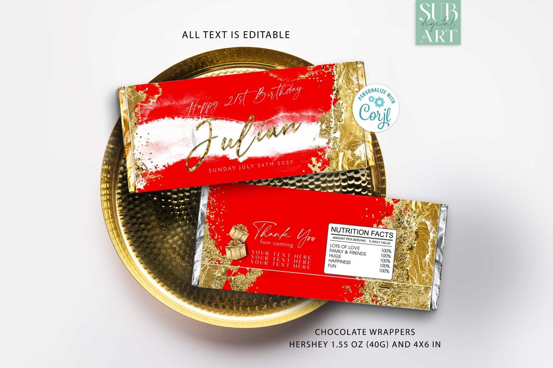 Red White and Gold Foil Candy Bar Wrappers, Birthday Party Decoration ...