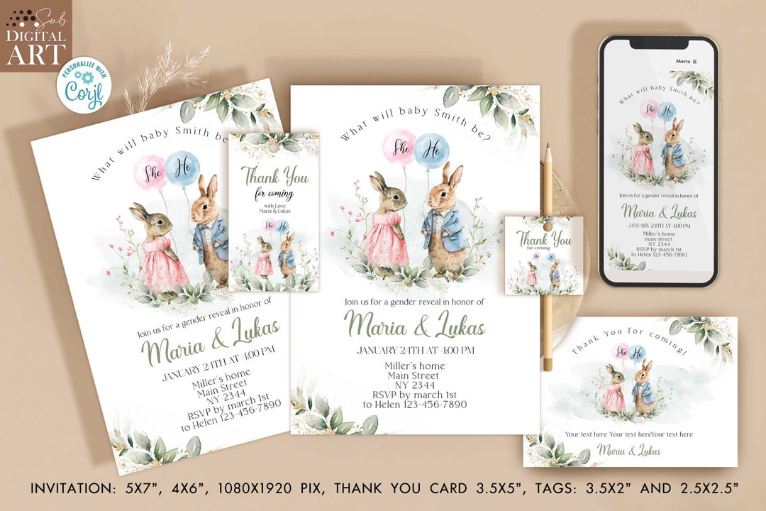 Editable Rabbit Gender Reveal Invitation, Gender Neutral Invites Blue ...