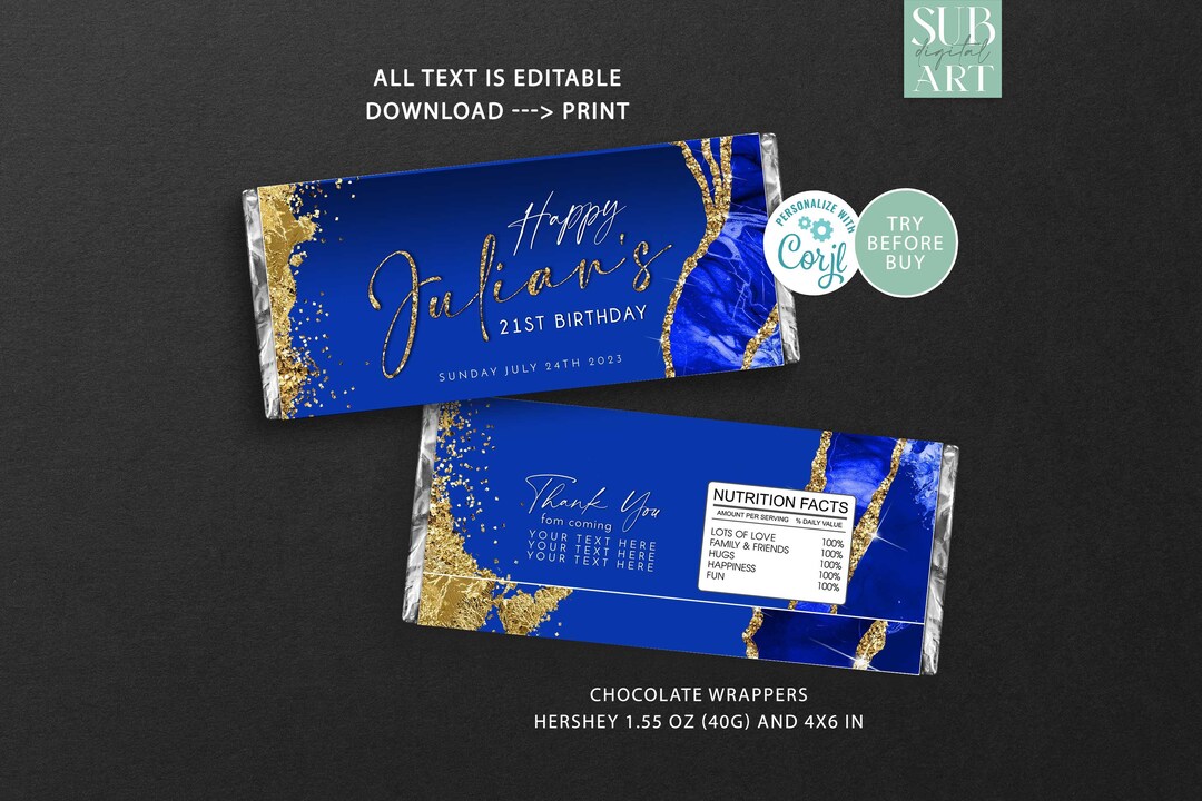 Royal Blue and Gold Candy Bar Wrappers, Birthday Party Decoration, DIY ...