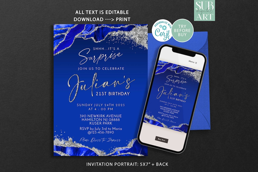 Royal Blue and Silver Invitation Birthday Party Invite, DIY Birthday ...