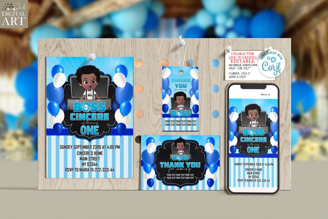 African American Black Boss Boy Baby Invitation, Royal Blue Boy Baby ...