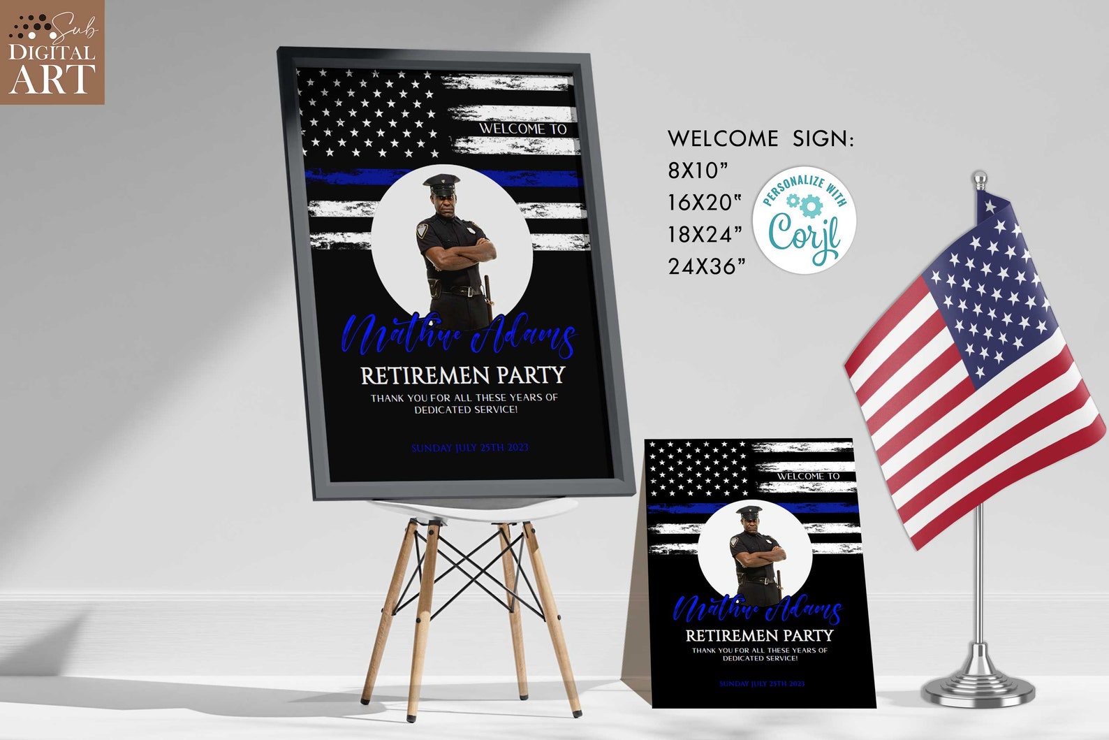 Editable Police Retirement Party Sign Template, Blue Line Flag (corjl ...