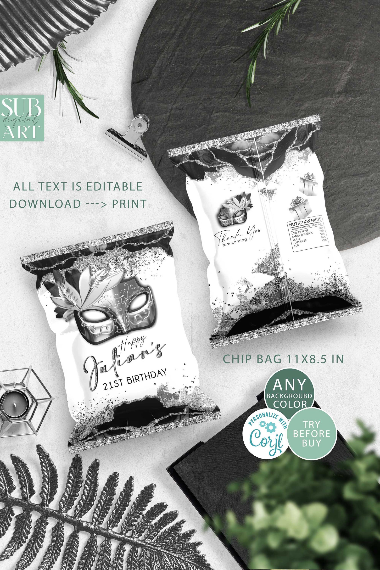 Editable Masquerade Silver Chip Bag Birthday Party Decoration, DIY ...
