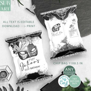 Editable Masquerade Silver Chip Bag Birthday Party Decoration, DIY ...