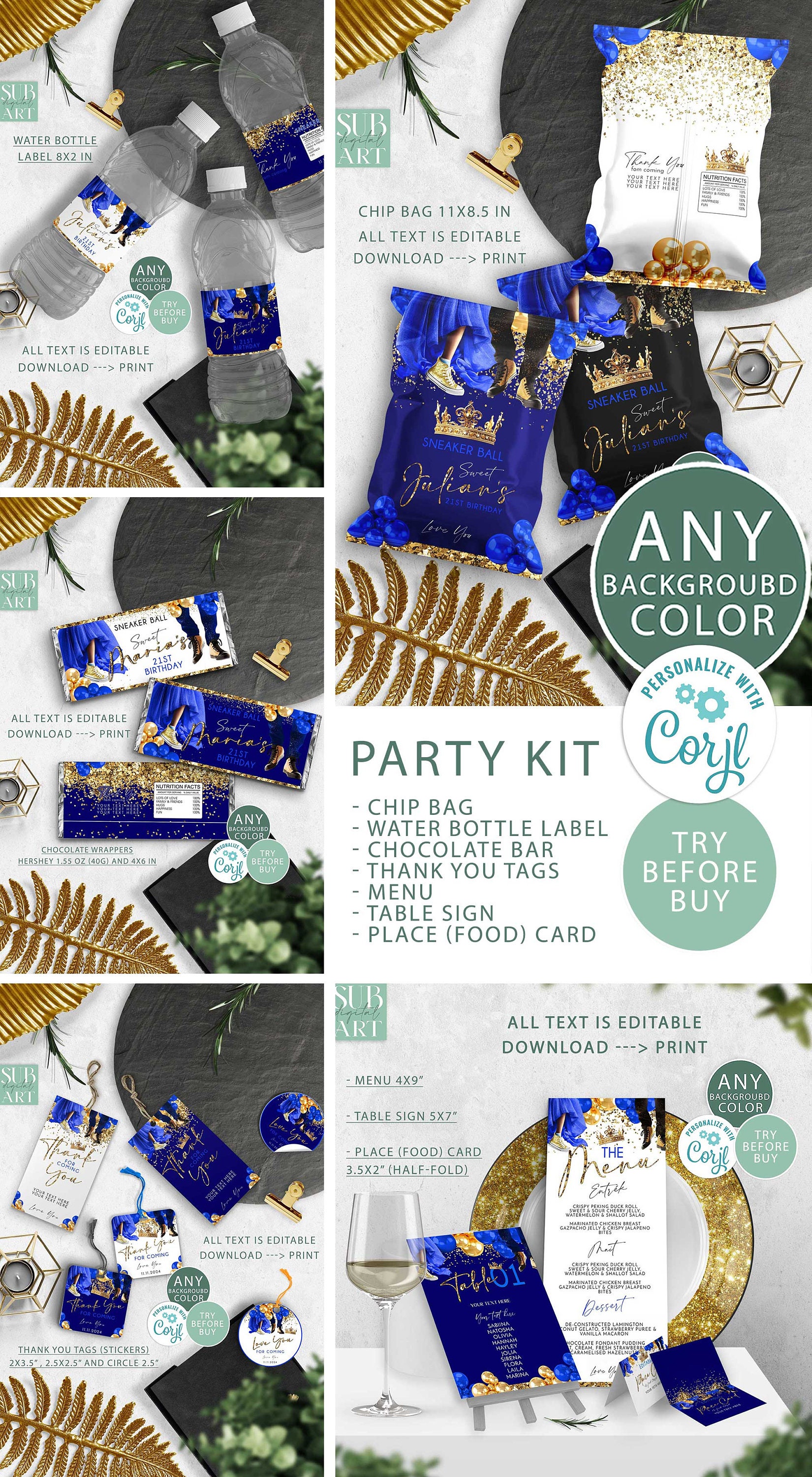 Sneaker Ball Blue Gold Birthday Party Bundle DIY Birthday Decorations ...