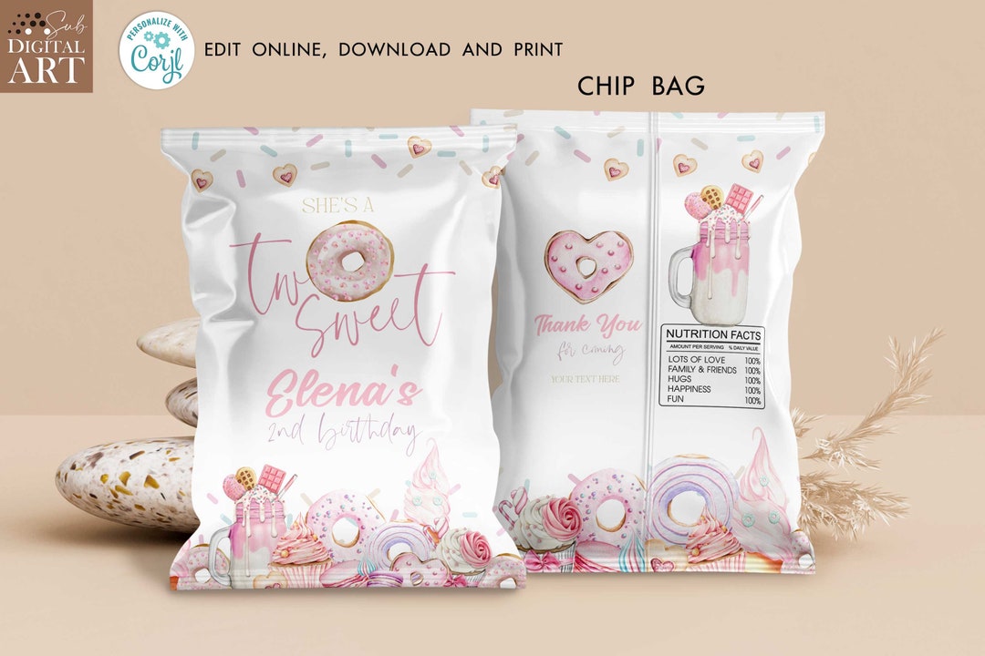 Editable Two Sweet Chip Bag 2nd Birthday Donut Party Decorations Treat ...