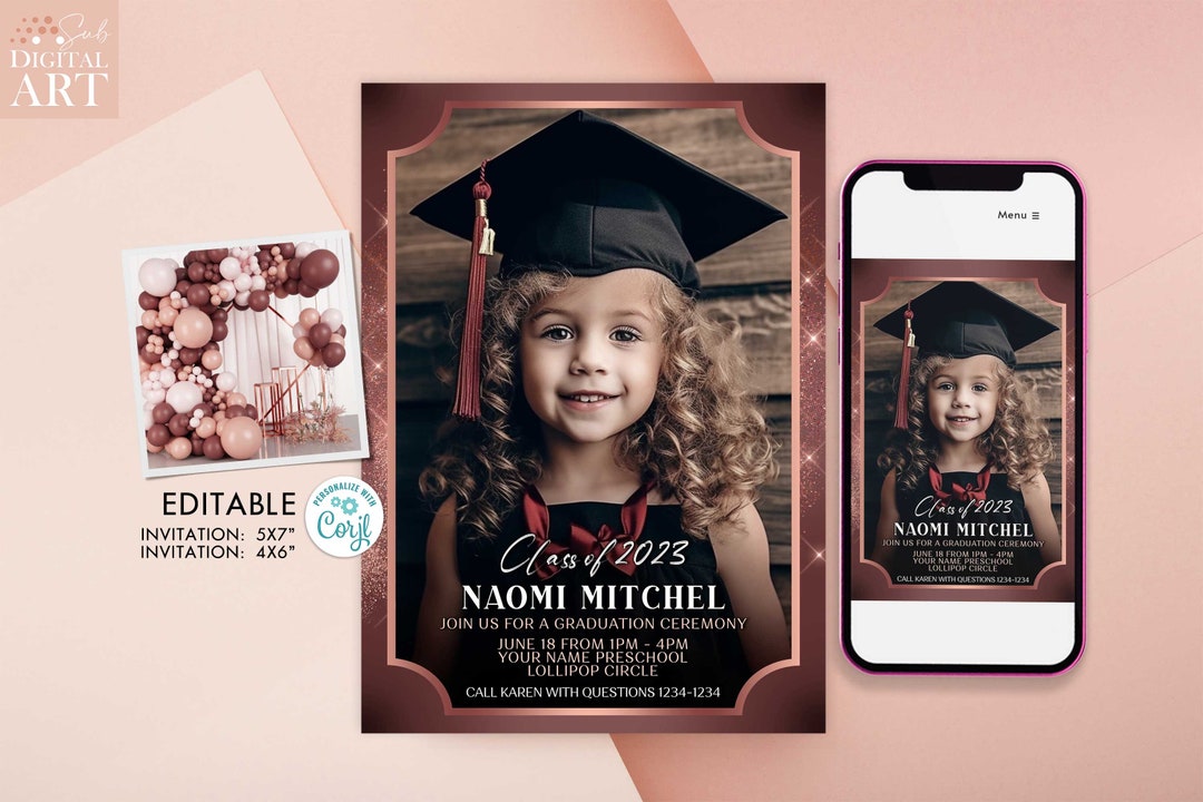 Editable Kindergarten Graduation Invitation With Photo Preschool Pre K ...