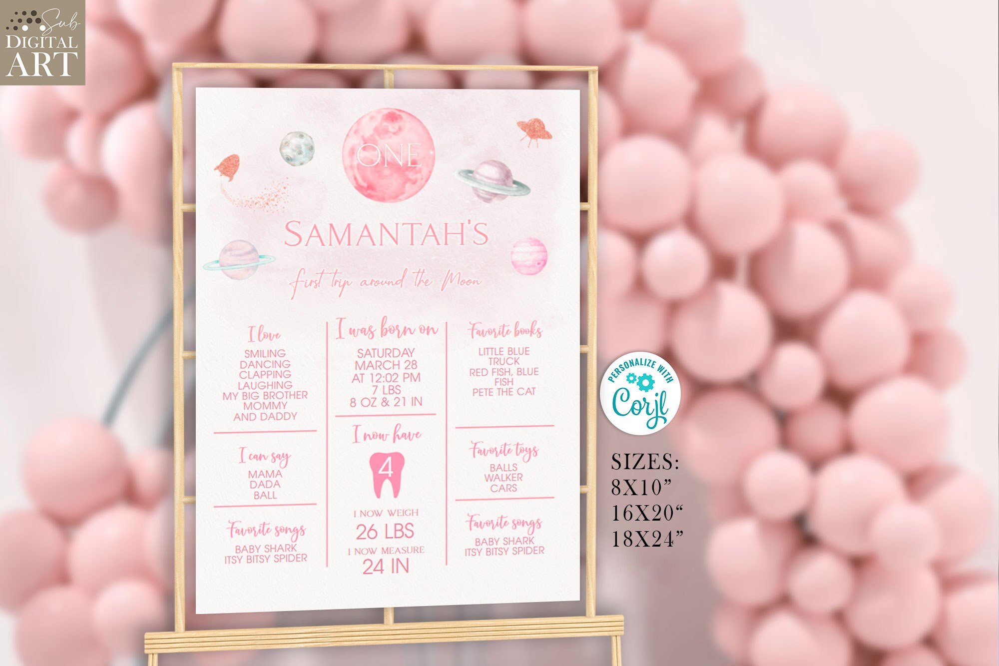 Editable 1st Birthday Space Milestone Board Girl Pink Galaxy - Etsy