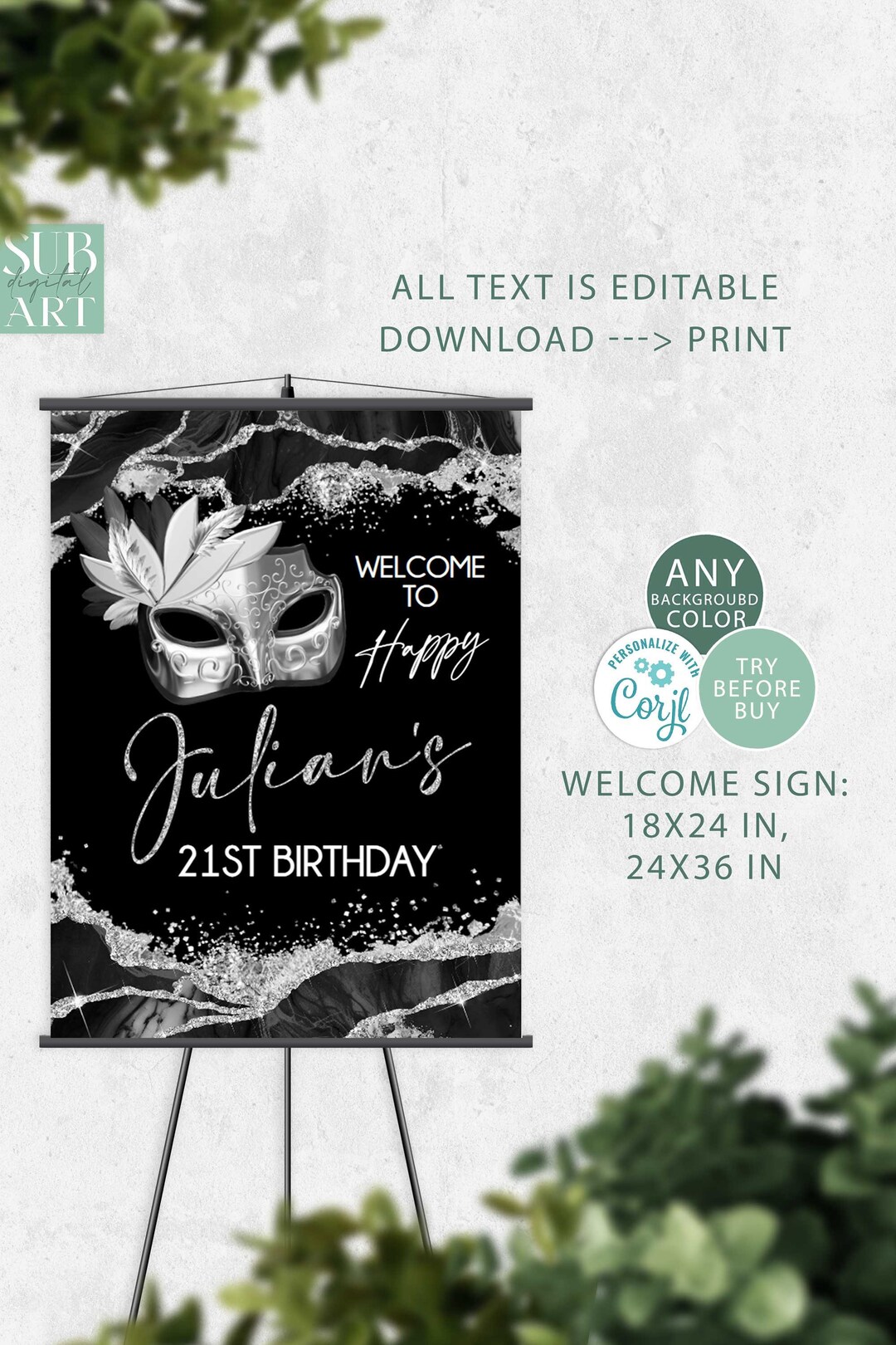 Editable Masquerade Silver Welcome Sign Birthday Party Decoration, DIY ...