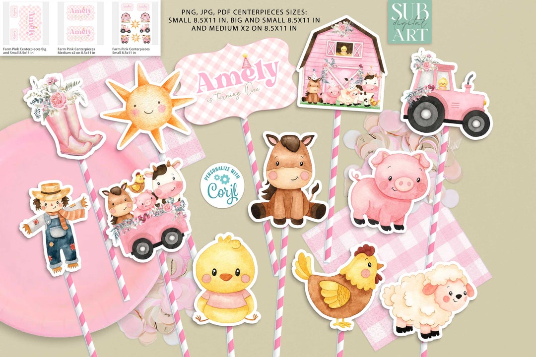 Editable Pink Farm Birthday Party Centerpieces , Farm Birthday Party ...