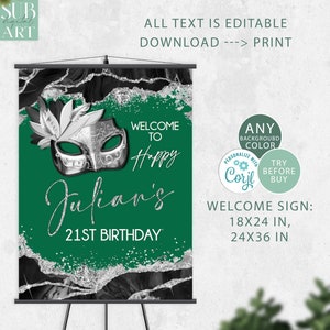 Editable Masquerade Silver Welcome Sign Birthday Party Decoration, DIY ...